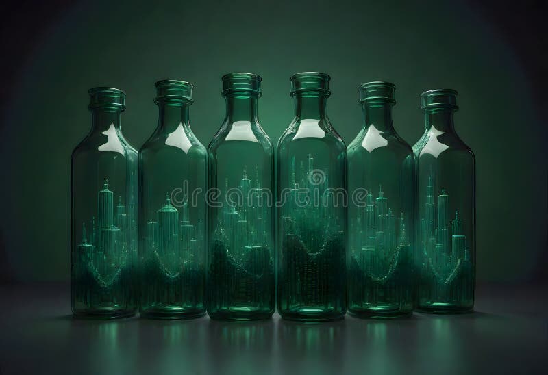 Row of Green Glass Bottles of Varying Sizes, Each Containing a Unique ...