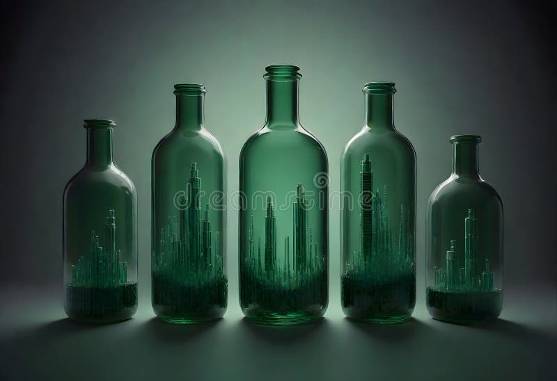 Row of Green Glass Bottles of Varying Sizes, Each Containing a Unique ...