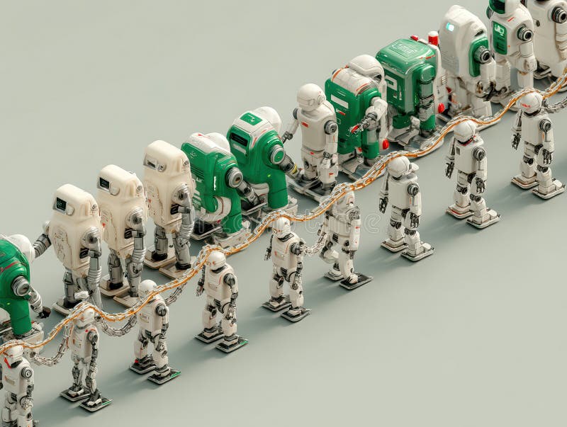 A Row of Green, Human-like Robots Connected by Cables, Suggesting Unity ...
