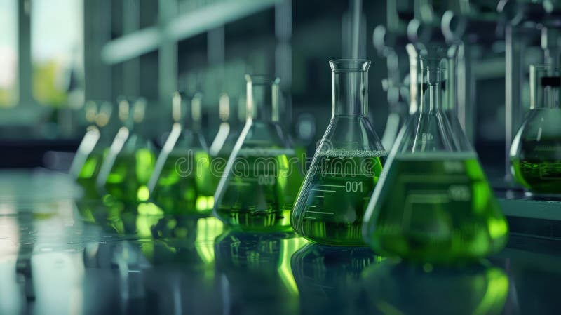 Row of Green Liquid-Filled Beakers in Modern Laboratory Setting Stock ...