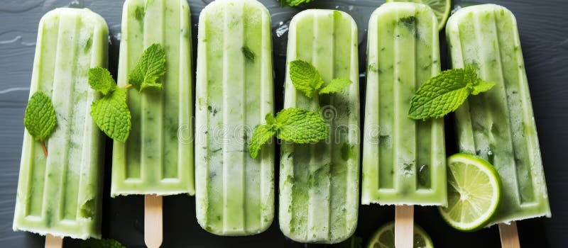 Row of Green Popsicles with Mint Leaves and Lime Wedges on a Table ...