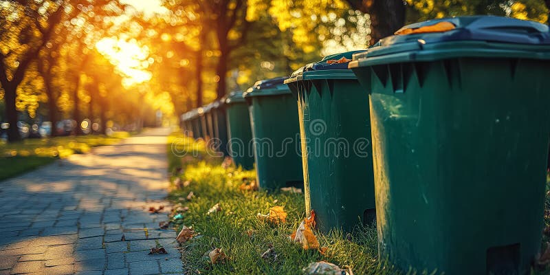 Row of Green Trash Cans are Lined Up on a Sidewalk Stock Image - Image ...