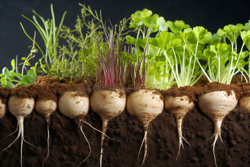 A Row of Growing Root Vegetables, Soil Cross Section Stock Illustration ...