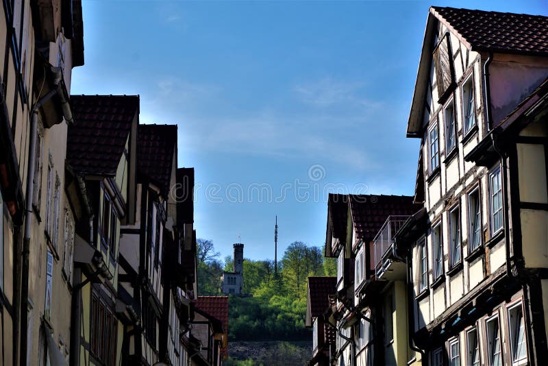 Row of Half-timbered Houses and Hill in Hann. Muenden Stock Image ...