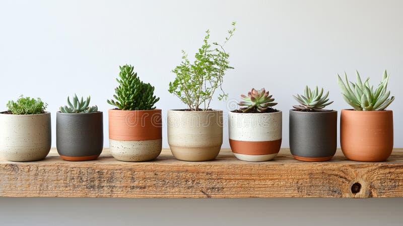 A Row of Handcrafted Clay Planters Styled on a Rustic Wooden Shelf ...