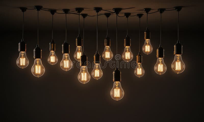 Row Hanging Light Bulbs Illuminates Dark Background, Creating Warm and ...