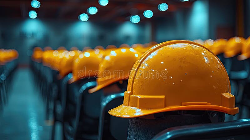 Row of Hard Hats in a Meeting Room Representing Construction ...