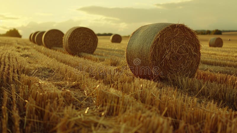 Row of hay bales in field stock photo. Image of life - 374860444