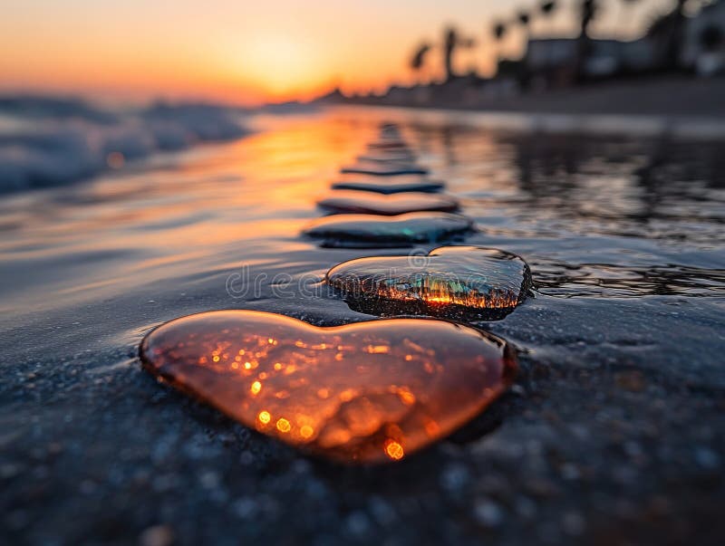 A Row of Heart Shaped Rocks on the Beach at Sunset Stock Photo - Image ...