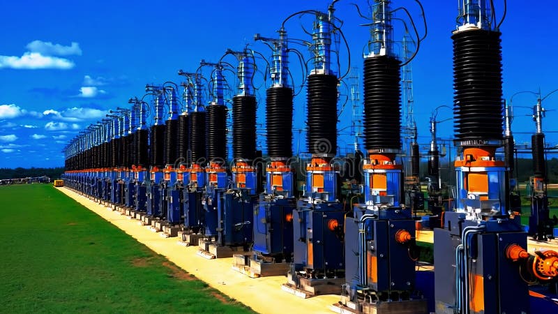 A Row of High Voltage Transformers in a Field of Grass Stock Footage ...