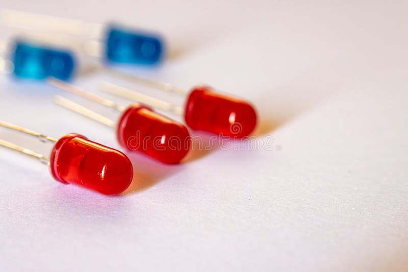 Macro Shot of Red and Blue through-Hole LED Diodes on White Background ...