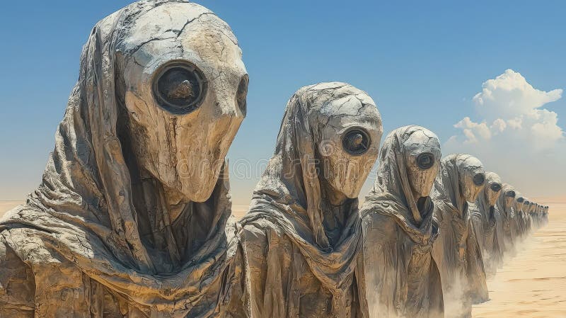 Row of Hooded Stone Figures in a Surreal Desert Setting Stock Photo ...