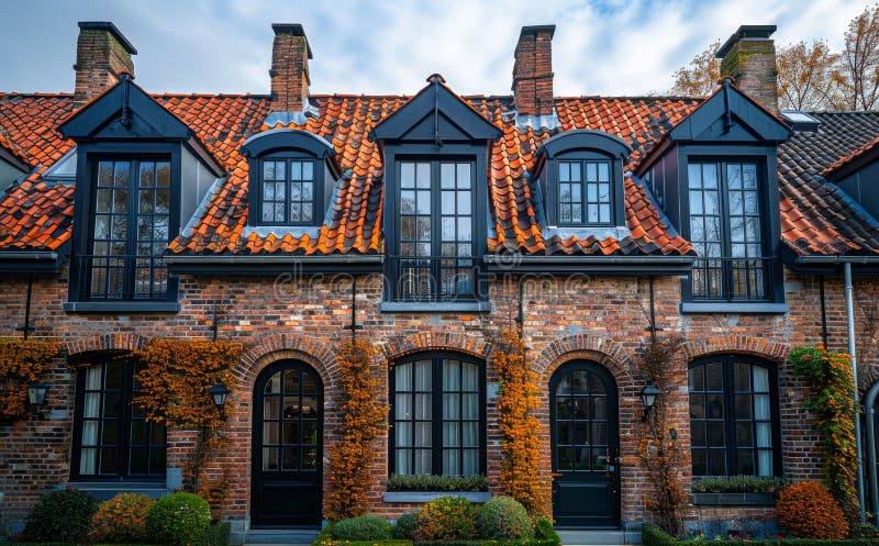 A Row of Houses with Red Roofs and Black Trim Stock Image - Image of ...