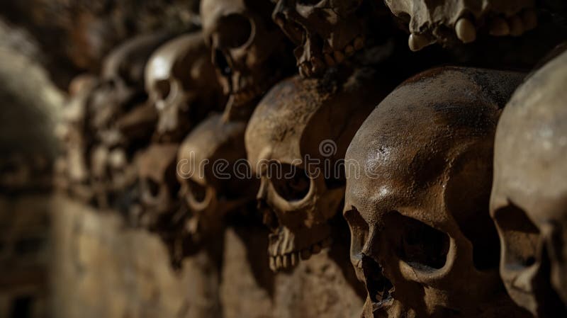 Row of Human Skulls in Shadow, Set into a Wall, Creating a Chilling and ...
