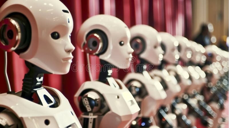 Row of Humanoid Robots on Display Stock Illustration - Illustration of ...
