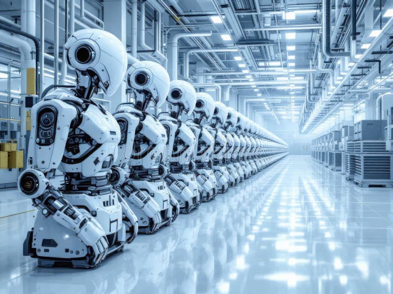 Row of Humanoid Robots in a High-tech Manufacturing Facility Stock ...