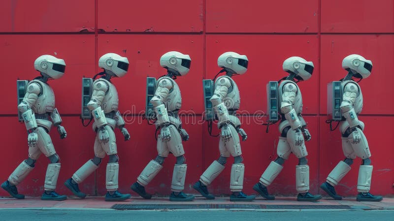 Row of Humanoid Robots Walking in Sync Against a Red Wall Stock ...