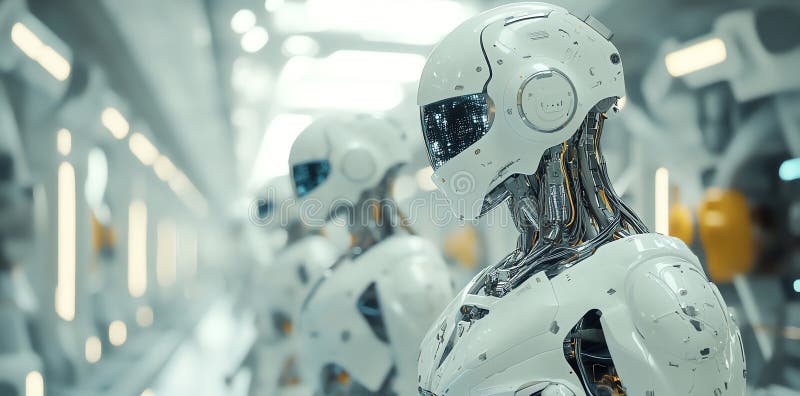 Row of Humanoid Robots with White Body and Black Wires in a Futuristic ... Row of Humanoid Robots with White Body and Black Wires in a Futuristic ...