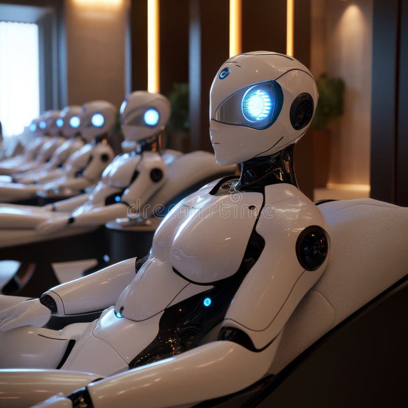 Row of Humanoid Robots in White Recliners with Blue Eyes Stock ...