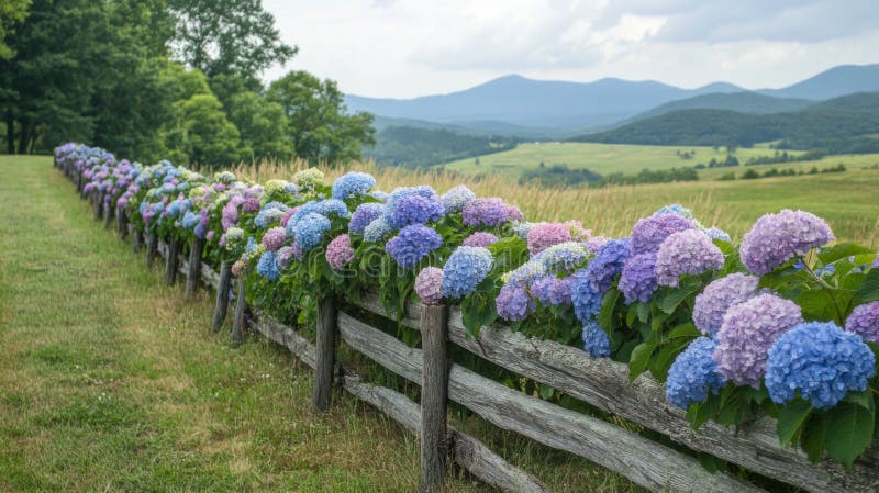 A Row of Hydrangeas Along a Wooden Fence in a Rural Landscape Stock ...