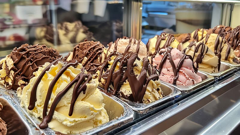Row of Ice Cream Cones with Different Flavors and Toppings Stock Image ...