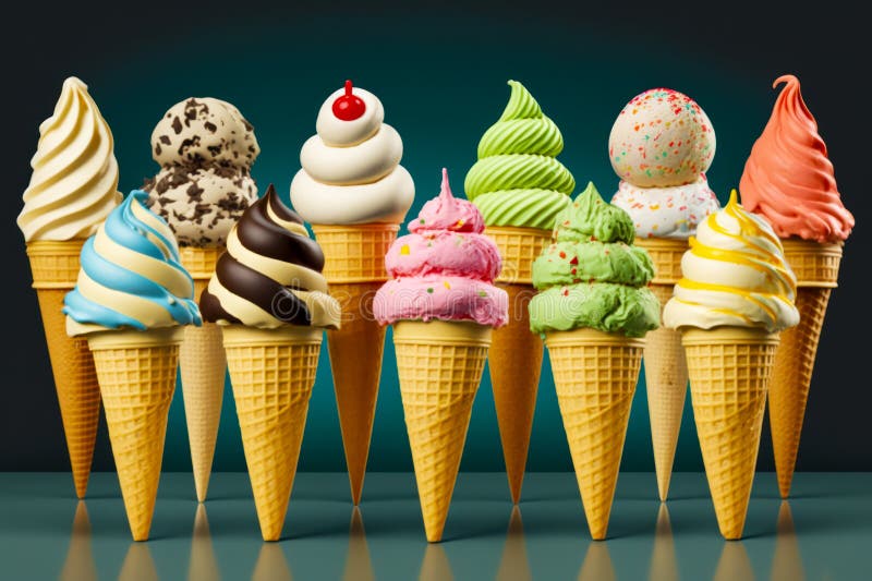 Row of Ice Cream Cones Filled with Different Flavored Ice Creams ...
