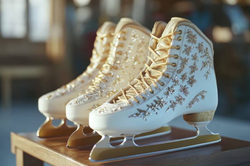 A Row of Ice Skates Sitting on Top of a Wooden Table, Ready for Use or ...