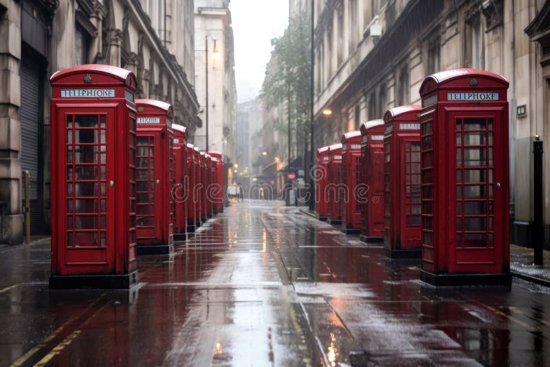 A Row of Iconic Red London Telephone Booths Stock Illustration ...