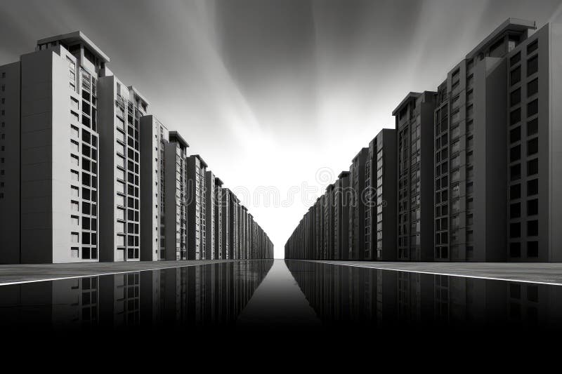 Row of Identical Office Buildings Gradually Decreasing in Size ...