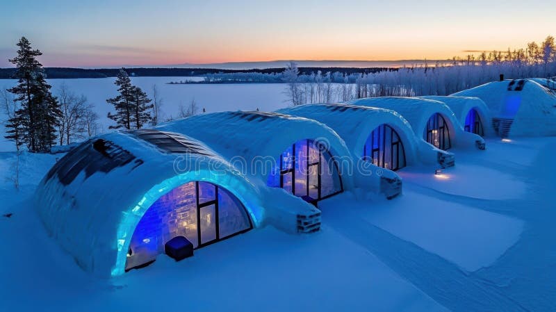 A Row of Igloos with Blue Lights on Them, AI Stock Photo - Image of ...