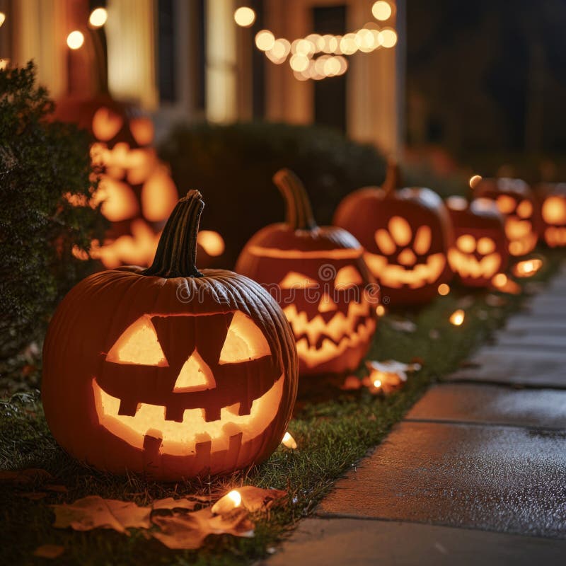 A Row of Illuminated Jack-o -lanterns on a Pathway Stock Illustration ...