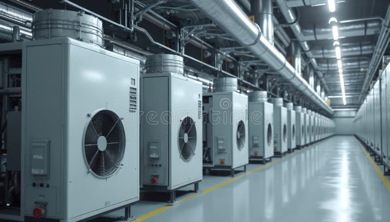 Row of Industrial Air Conditioners in Modern Facility. Climate Control Technology, Powerful ...