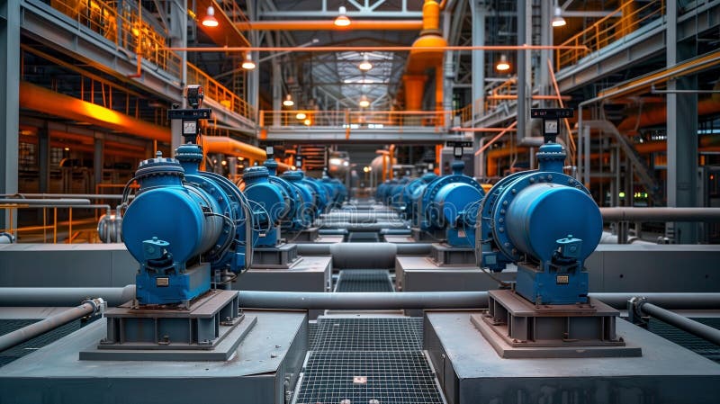 Row of Industrial Pumps in Large-Scale Manufacturing Facility Stock ...