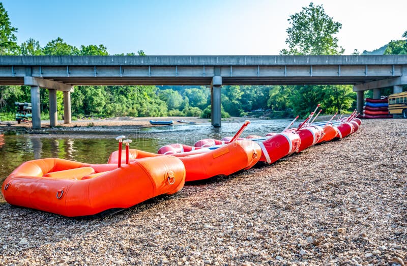 Row of Inflatable Rafts at the Beginning of a Float Trip on a River ...