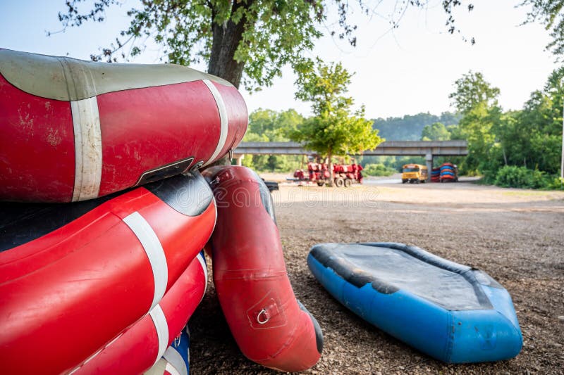 Row of Inflatable Rafts at the Beginning of a Float Trip on a River ...