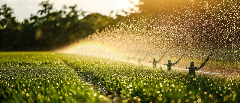 Row of Irrigation Sprinklers Watering Green Field, Creating Rainbow ...