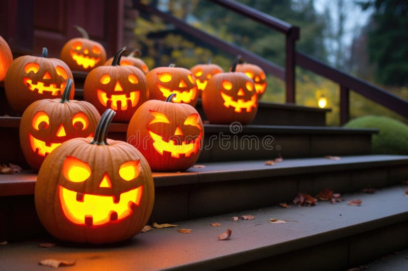 A Row of Jack-o-lanterns on Porch Steps Stock Image - Image of outdoor ...