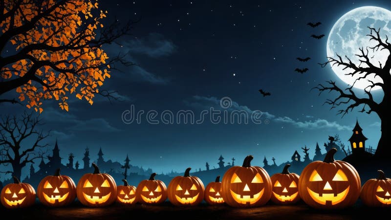 Row of Jack-o -lanterns Under a Full Moon with a Spooky Forest Backdrop ...