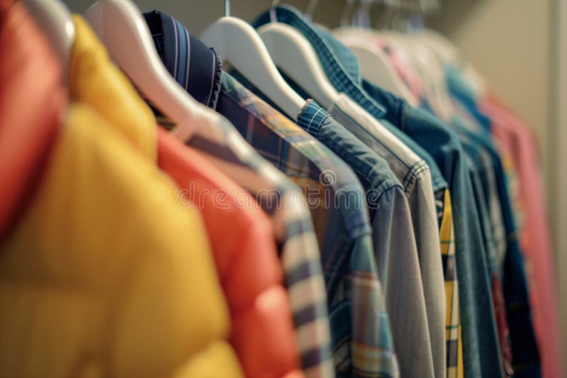 A Row of Jackets Hanging on a Rack, Including a Green One Stock ...
