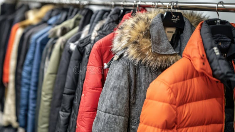 A Row of Jackets Hanging on a Rack in a Store or Closet Stock Photo ...