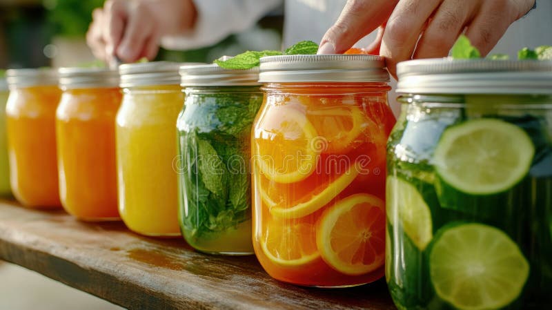 A Row of Jars Filled with Different Types and Colors of Fruit, AI Stock ...