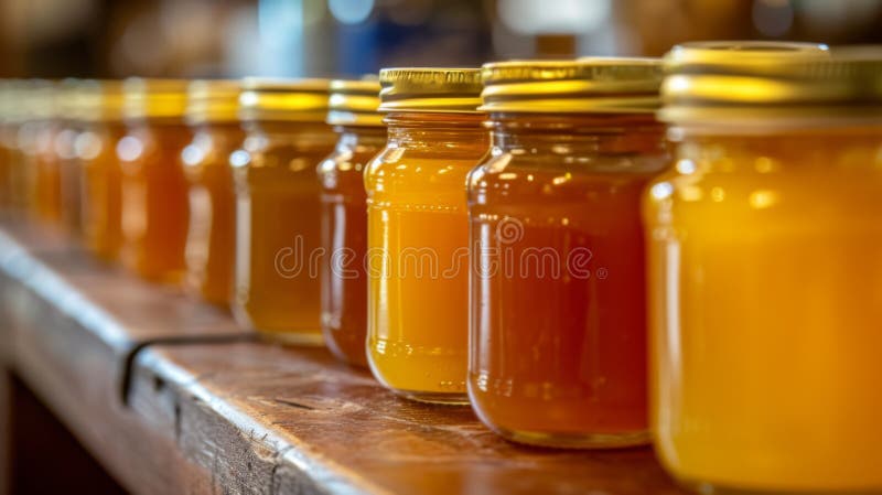 A Row of Jars Filled with Different Types and Colors of Honey, AI Stock ...