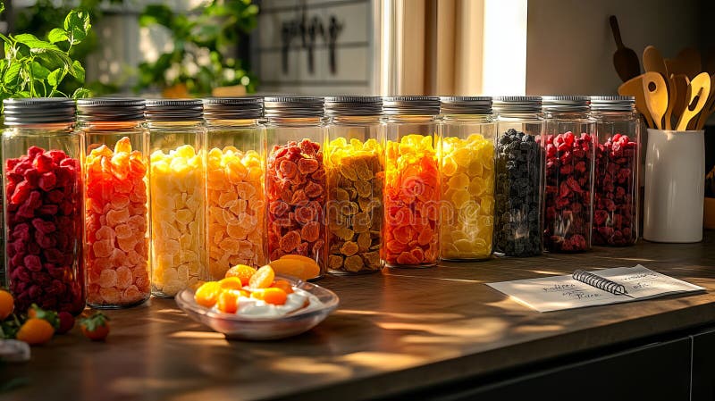 A Row of Jars Filled with Different Types of Dried Fruit on a Counter ...