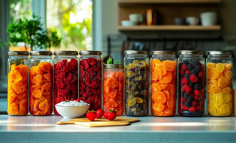 A Row of Jars Filled with Different Types of Dried Fruits on a Kitchen ...