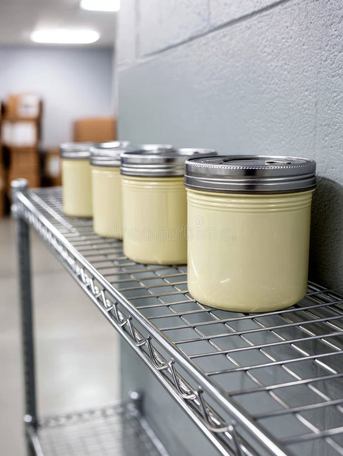 Row of Jars on a Metal Shelf in a Storage Room. Stock Photo - Image of ...