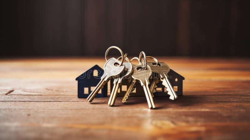 A Row of Keys are on a Wooden Table with a House and a Key on Top of ...