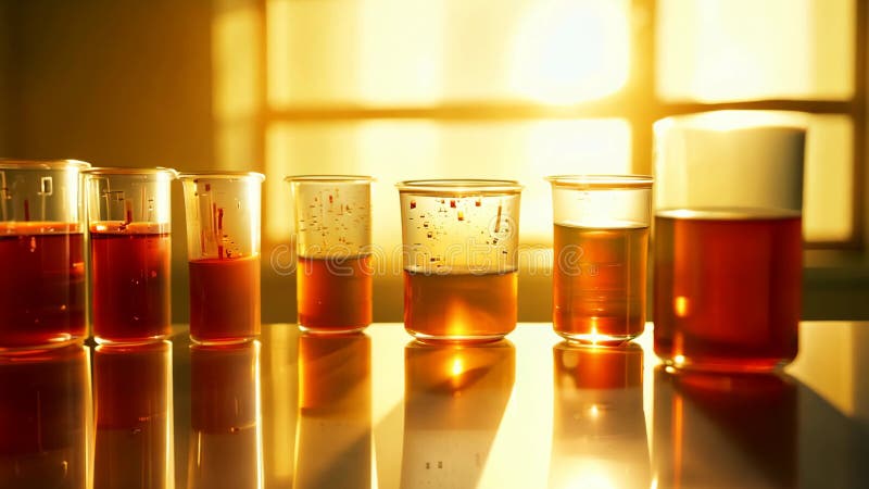 A Row of Laboratory Beakers Filled with Liquid in Varying Colors ...