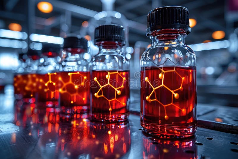 Red Chemical Liquid in Glass Bottles, Molecular Structure Research ...