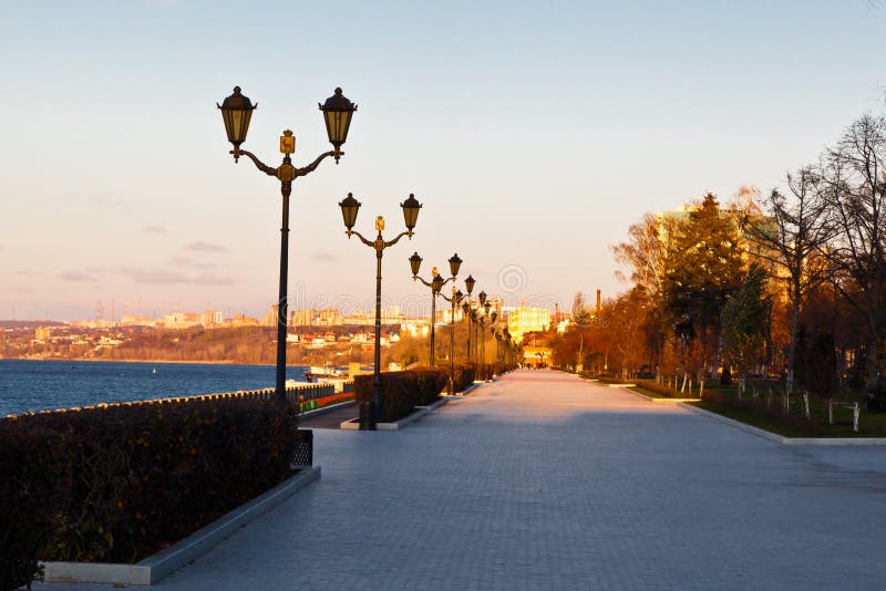Row of Lampposts on Volga River in Samara, Russia Stock Image - Image ...