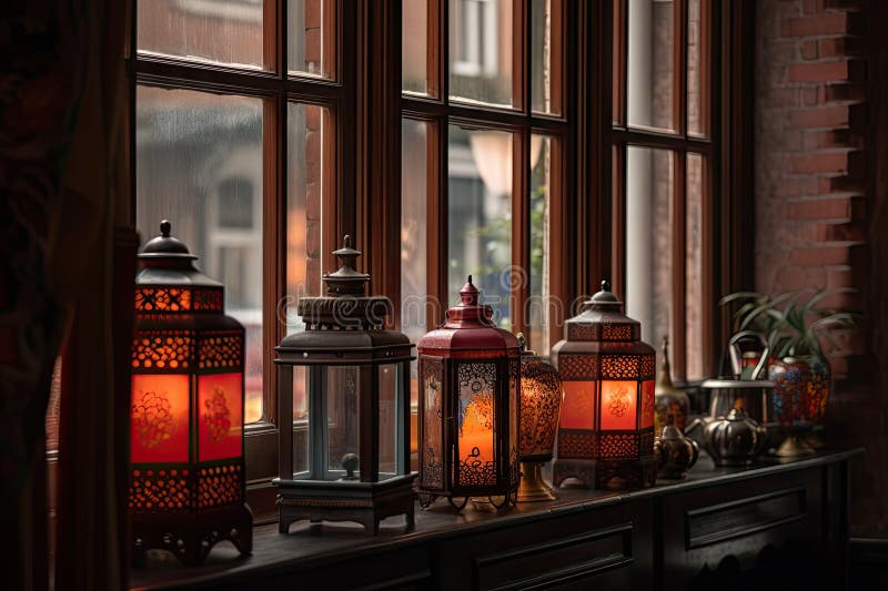 A Row of Lanterns in a Warm, Welcoming Window Stock Illustration ...